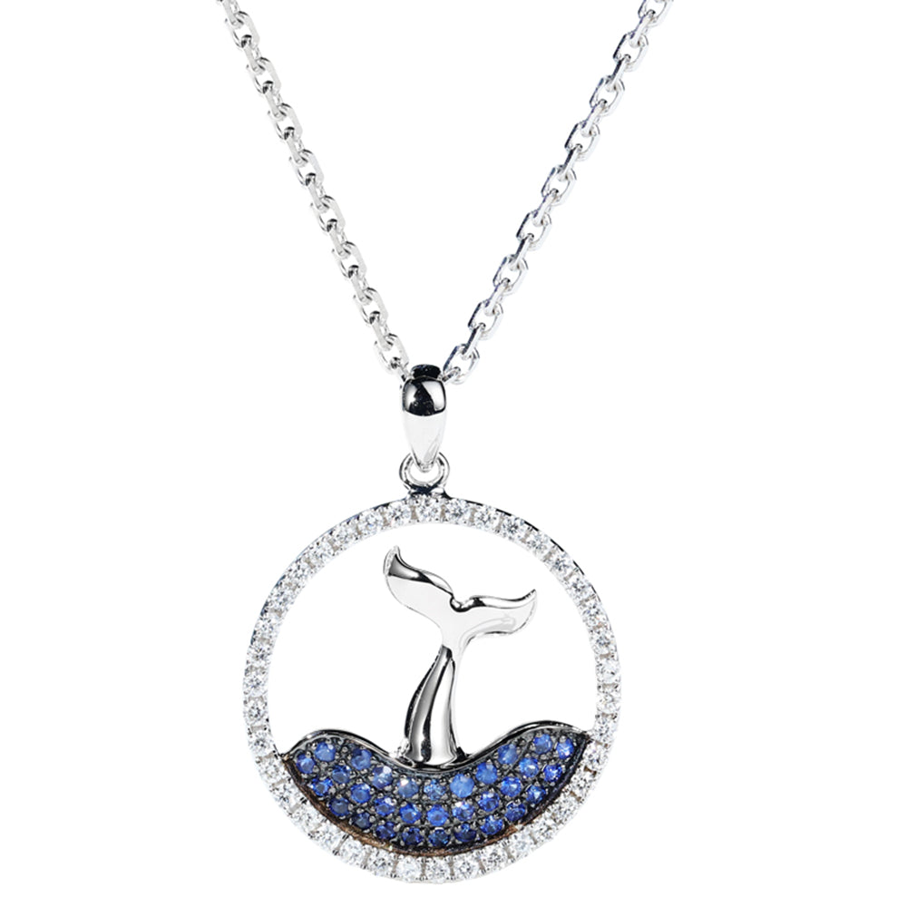 Diamond Sapphire Dolphin Whale Tail Pendant Necklace HX Jewelry 18K Gold